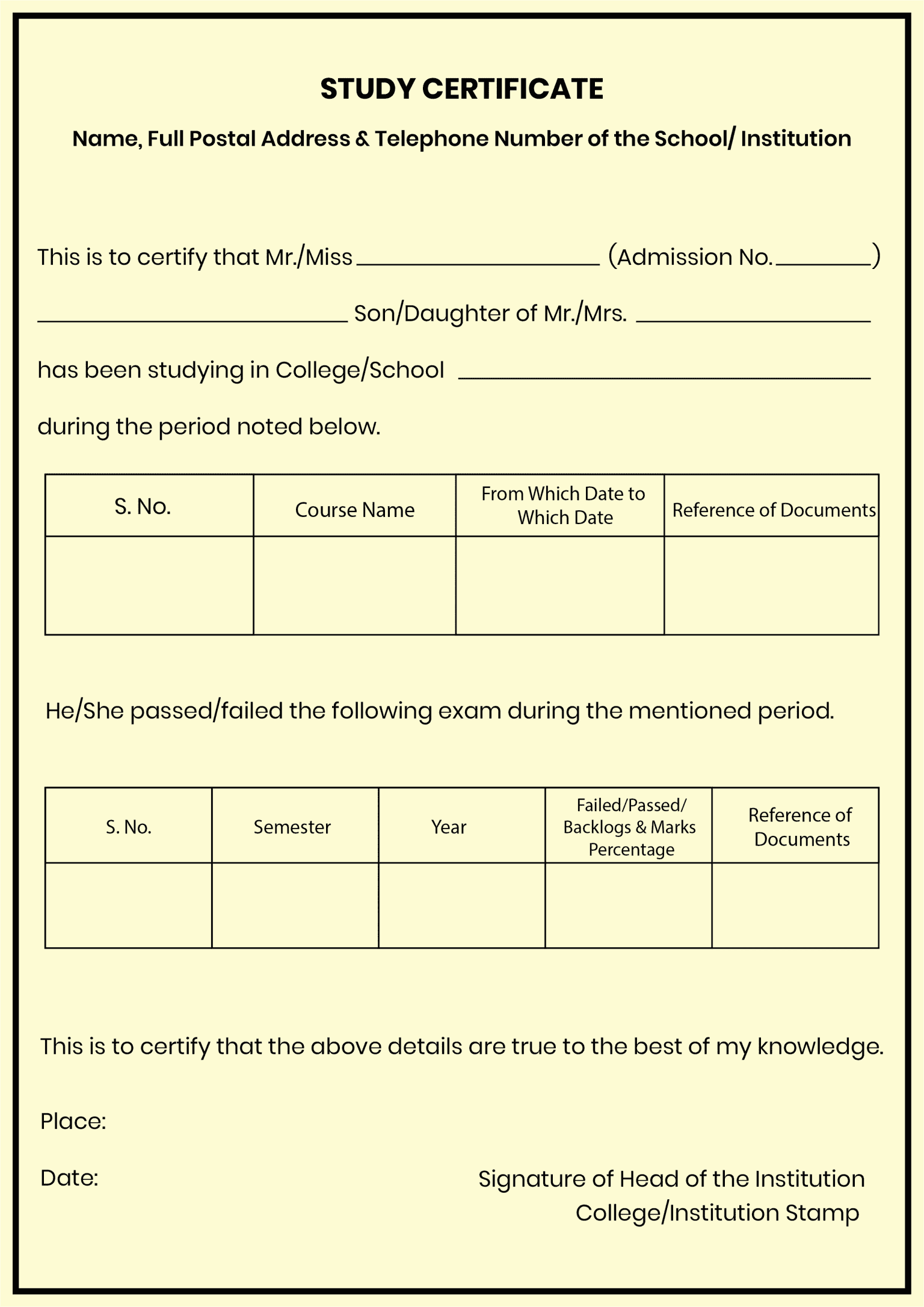 Study Certificate Format for School & College: Free Sample PDF