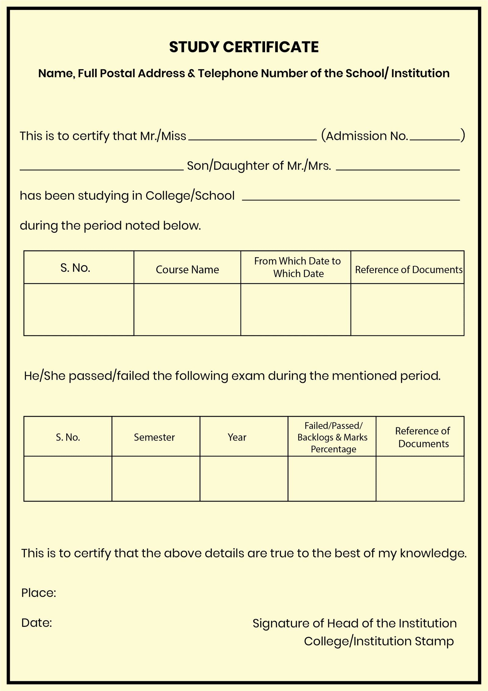 Study Certificate Format for School & College: Free Sample PDF