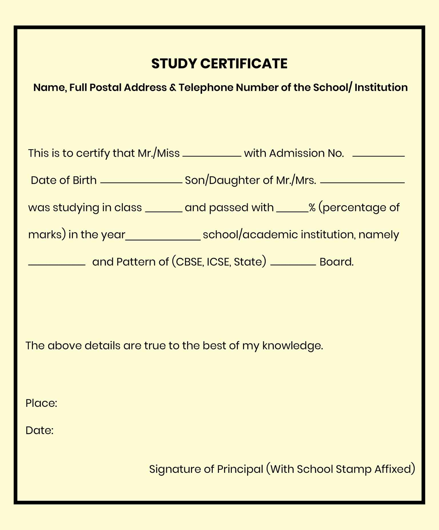 Study Certificate Format for School & College: Free Sample PDF