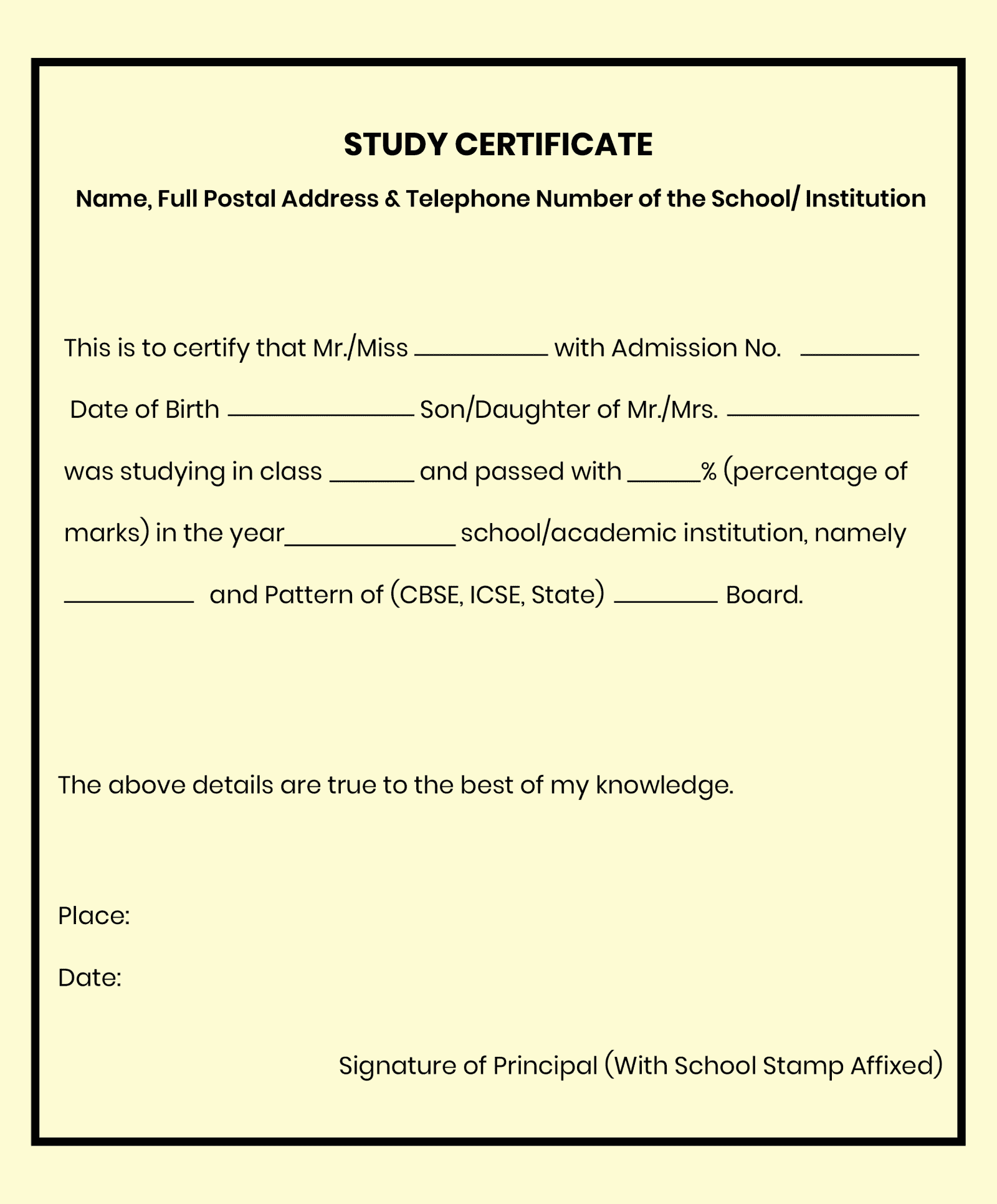 Study Certificate Format for School & College: Free Sample PDF