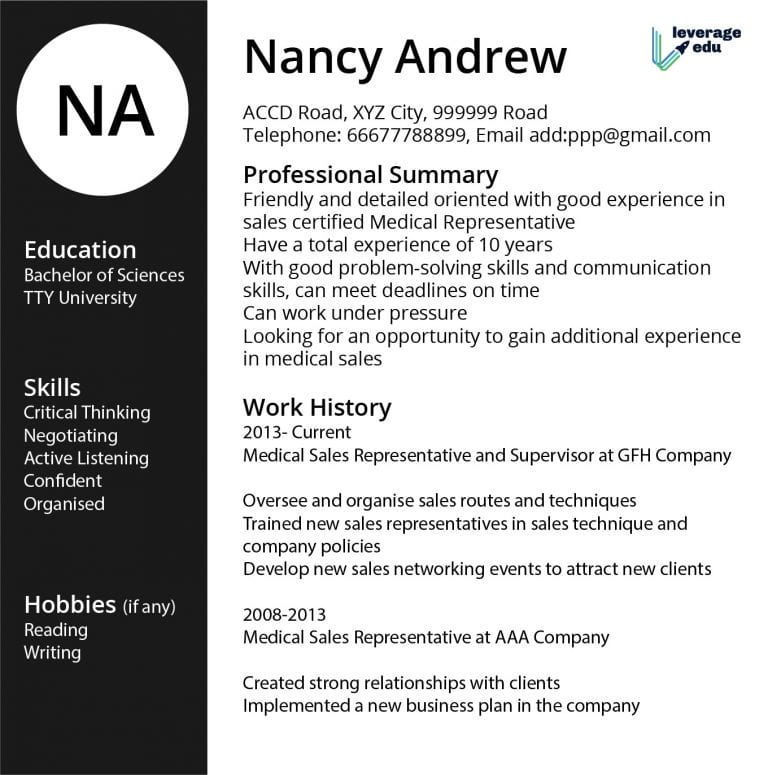 Medical Representative Resume [With Sample] - Leverage Edu